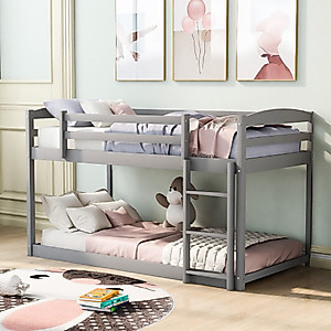 Harper & Bright Designs Low Bunk Bed Twin Over Twin, Wood Twin Bunk Bed Frame with Ladder and Guardrails, Kids Low Bunk Beds for Kids, Toddlers, Teens No Box Spring Needed (Gray)