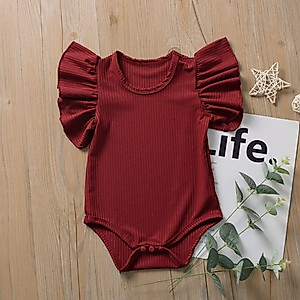 Baby Girls' Short-Sleeve Bodysuit Funny Ruffles Flower Jumpsuit Outfit for Infant Toddlers (White/Wine Red/Pink, 0-6 Months)