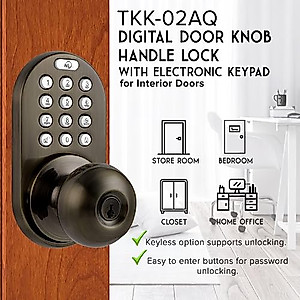 MiLocks TKK-02AQ Digital Door Knob Handle Lock with Electronic Keypad - Keyless Entry Smart Door Lock with Adjustable Latch Locks, Audible Tones for Interior Front Doors & More, Antique Brass