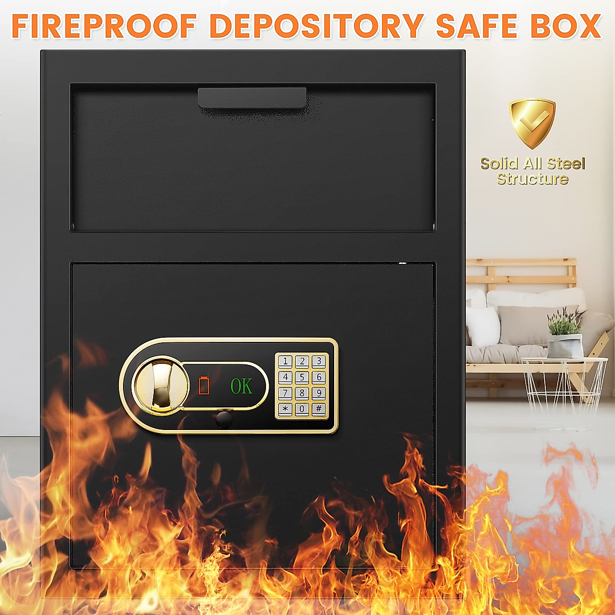 2.6 Cubic Fireproof Drop Safe for Business, Anti-Theft Cash Drop Safe Box with Drop Slot, Security Business Safe with Programmable Keypad Lock and Keys, Money Drop Safe for Home Office Retail Store