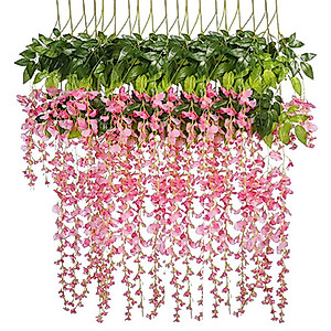 12 Pieces of 3.6 Feet/Piece of Artificial Fake Wisteria Vine Ratta Hanging Garland Silk Flower String-Like Family Party Wedding Garden Outdoor Office Wall Decoration (Green, 12)