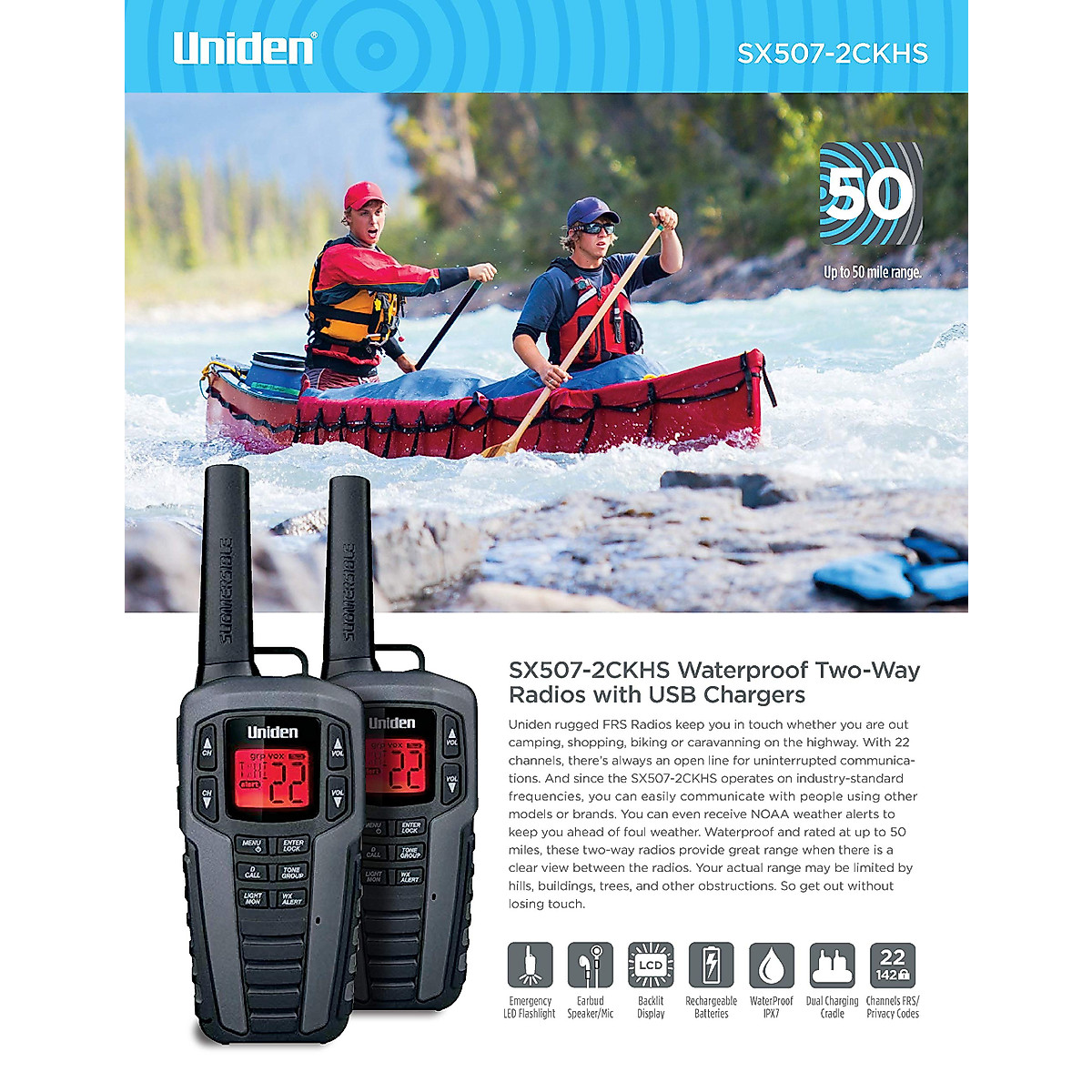 Uniden SX507-2CKHS Up to 50 Mile Range Two-Way Radio Walkie Talkies W/Dual Charging Cradle, Waterproof, Floats, 22 Channels, 142 Privacy Codes, NOAA Weather Scan + Alert, Includes 2 Headsets, Grey