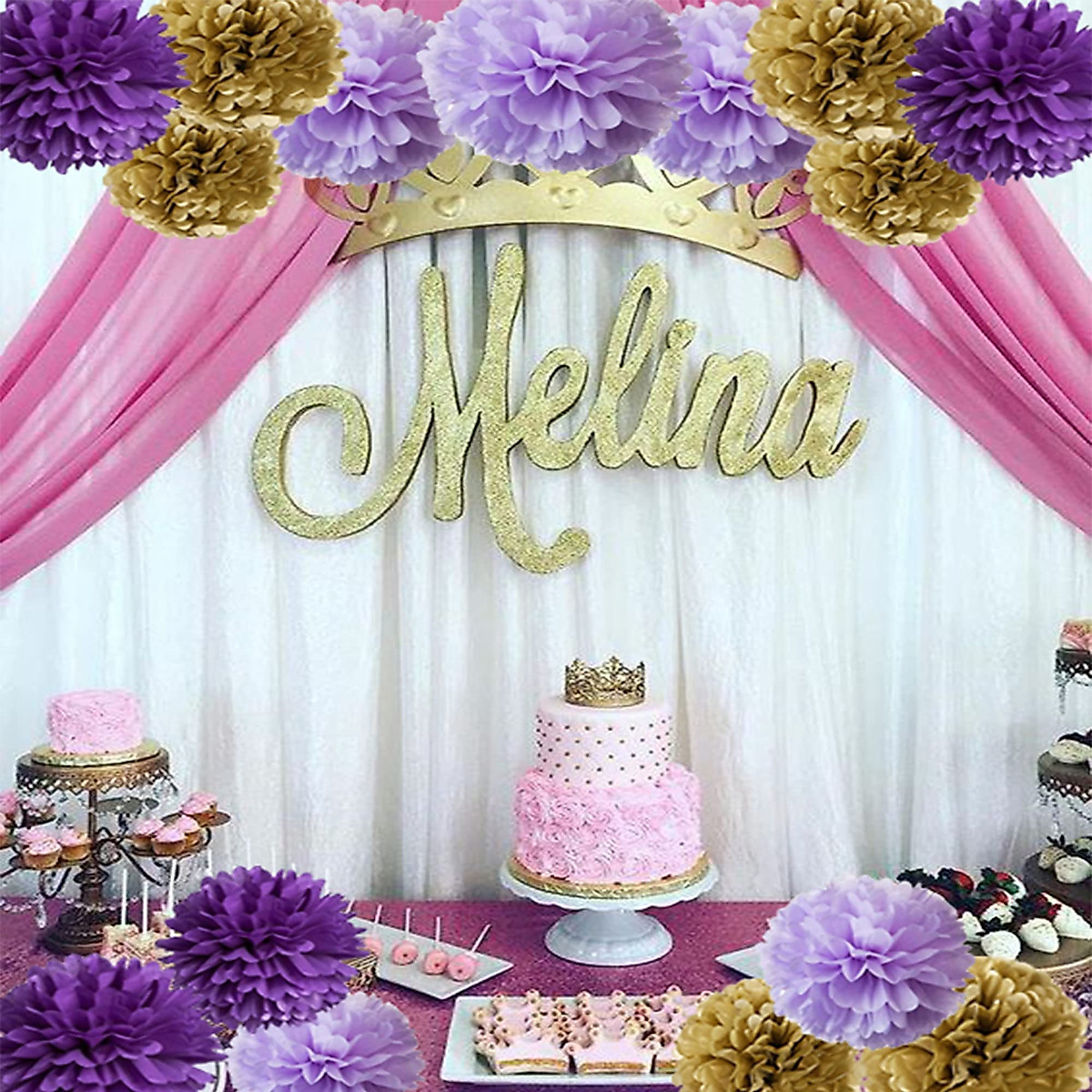 Graduation Decorations 2022 12pcs Tissue Paper Flowers Purple Gold Birthday Decorations Women Purple Gold Bridal Shower Decorations Glitter Gold Purple Wedding Decor Bridal Shower Decorations