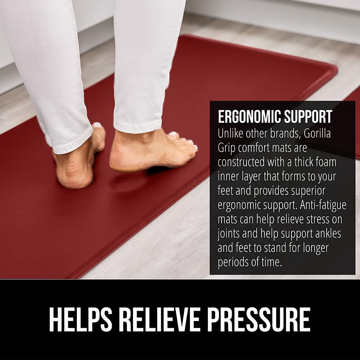 GORILLA GRIP Set of 2 Soft Anti Fatigue Mats for Kitchen Floor, 17x29 + 17x59, Stain and Scratch Resistant, Soft Ergonomic Standing Office Desk Mat, Supportive Memory Foam Rug, 1/2 Inch Thick, Red