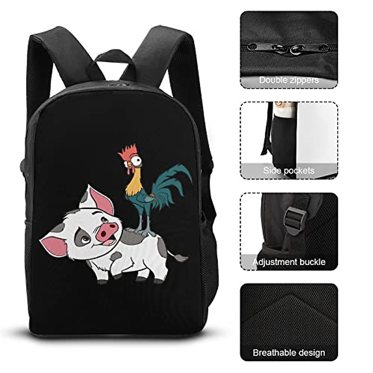 Moana Pua Pig and HeiHei Chicken Printed Backpack 17 Inch Shoulders Daypack Large Capacity Laptop Bag for Men Women