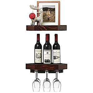 WELLAND Rustic Wood Corner Floating Shelves Wall Mount Corner Wine Rack -2 Pack with 6 Glass Slot Holder