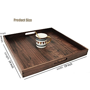 MAGIGO 19 x 19 Inches Large Square Black Walnut Wood Ottoman Tray with Handles, Serve Tea, Coffee Classic Wooden Decorative Serving Tray