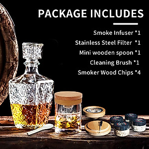 Cocktail Smoker Kit, Old Fashioned Drink Smoker Infuser with 4 Flavors Wood Chips, Portable Smoke DIY Tools for Cocktail, Wine, Whiskey, Bourbon, Meat, Contains Strainer, Wooden Spoon & Cleaning Brush