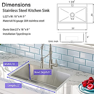 VCCUCINE 22x18 Inch Drop in Kitchen Sink,16 Gauge Topmount RV Small Kitchen Bar Sink, Handmade Stainless Steel Wet Bar Sink, Outdoor Single Bowl, Brushed Nickel Prep Sink with Strainer