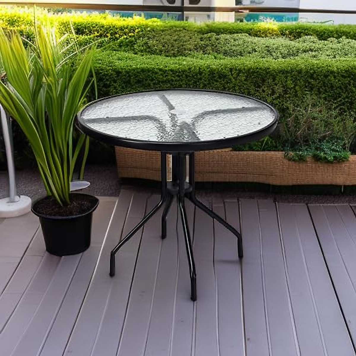 Goplus 32" Outdoor Round Patio Table with Umbrella Hole, All Weather Dining Table Tempered Glass Top, Bistro Table Coffee Table Furniture Commercial Party Event for Backyard Lawn Balcony Pool