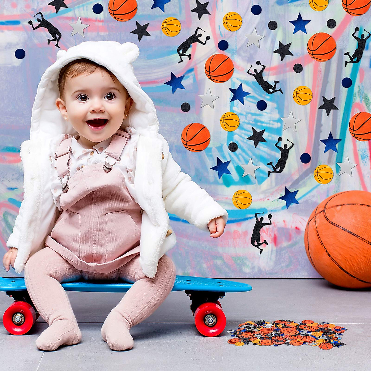 400 Pieces Basketball Confetti Black Basketball Player Confetti Glittery Star Confetti Sequin Round Confetti Sequin for Birthday, Baby Shower, Basketball theme Party Supplies