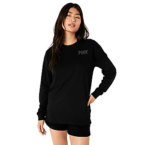 Victoria's Secret Pink Cotton Long Sleeve Campus T Shirt, Women's T Shirt, Pure Black, XL