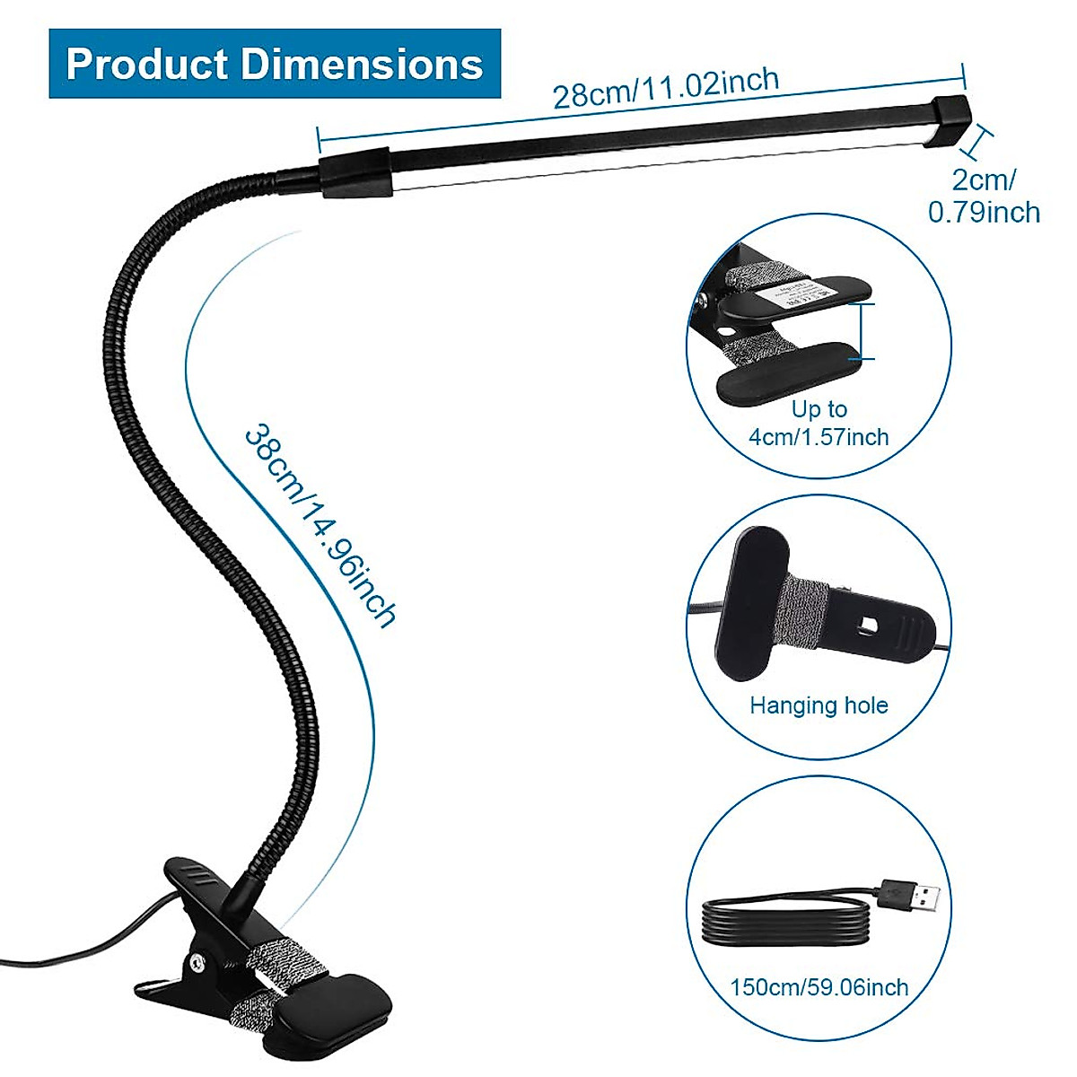 Qooltek Flexible Clip Desk Lamp Reading Light with 3 Color & 10 Brightness, Auto-Off & Memory Function, Clip on Light for Piano, Reading, Working, Relaxing Black