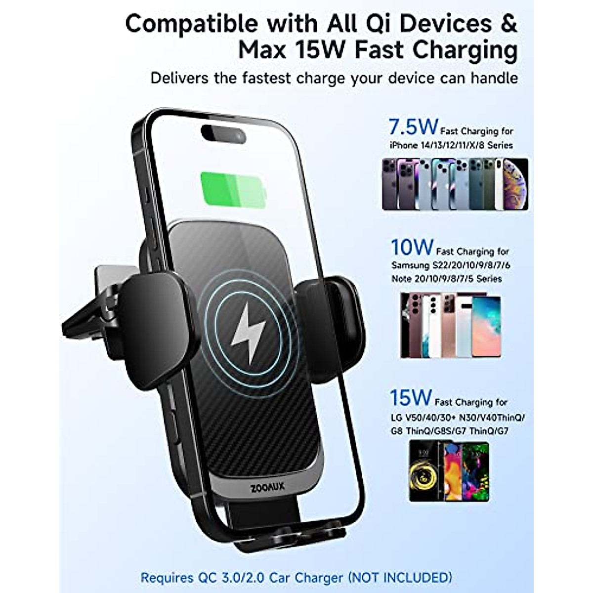 ZOOAUX Wireless Car Charger Vent Mount, 15W Fast Charging Auto-Clamping Car Mount, Air Vent Car Phone Holder for iPhone 13/13 mini/12/11/XS/XR/X/8,Samsung S22/S21/S20/S10/S9 Note 10(Grey)