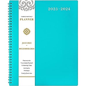 Monthly Planner/Calendar 2023-2024 - 2023-2024 Monthly Planner, Jul. 2023 - Dec. 2024, 8.5" x 11", 18-Month Planner 2023-2024 with Tabs, Pocket, Label, Contacts and Passwords, Twin-Wire Binding - Teal by Artfan