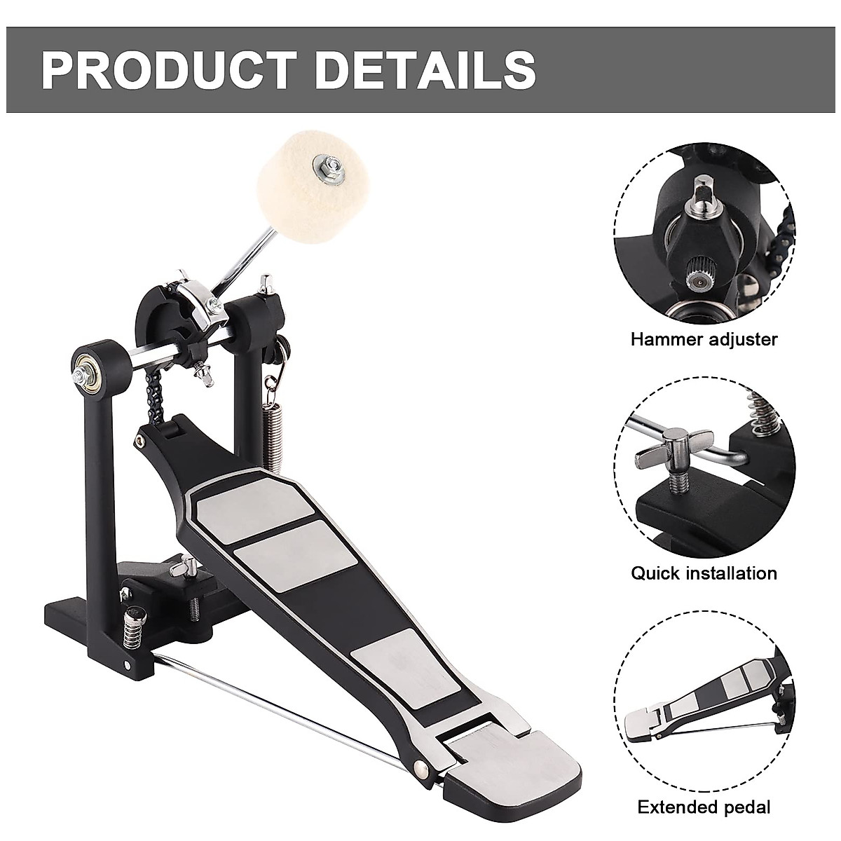 Bass drum pedal,Double Chain Drum Step on Hammer,Single Bass Drum Pedal come with Drum Beater Stick
