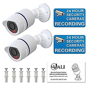 WALI Dummy Fake Camera, Surveillance Security CCTV Dome Camera, Indoor Outdoor Camera, with One LED Light, Security Alert Sticker Decals (TC-W2), 2 Pack, White