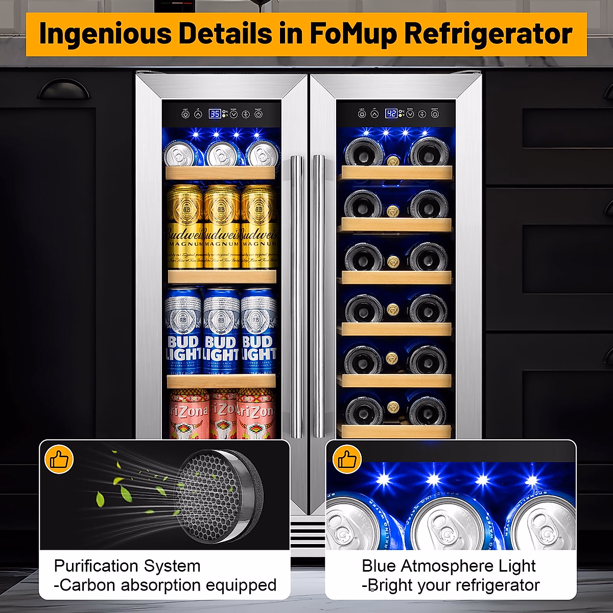 Wine and Beverage Refrigerator, 24 Inch Beverage Cooler Dual Zone with Glass Door, Built-in/Freestanding Beverage Fridge with Upgraded 20 Bottles and 60 Cans Large Capacity