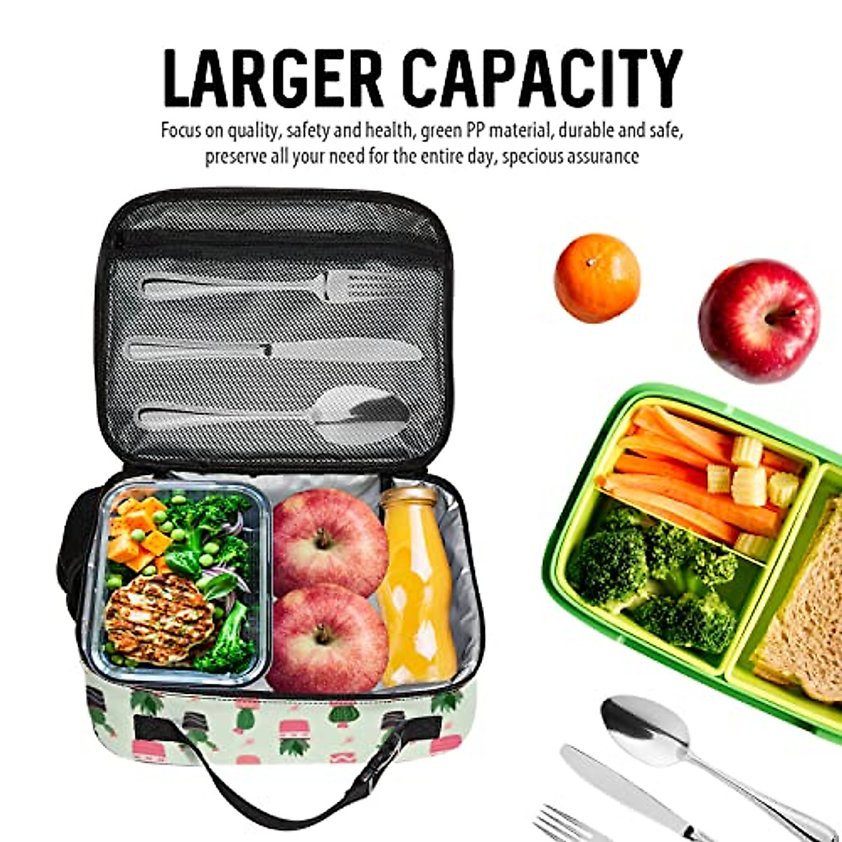 Insulated Lunch Bag for Kids, Leakproof Reusable Boys Girls Lunch Box Container with Detachable Buckled Handle, Durable Nylon Cooler Lunch Tote with Side Pocket for Work School Adult (Green Cactus)