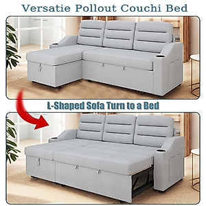 83.5"Convertible Sleeper Combo Sofa, L Shaped Sleeper Sofa,Convertible Sofa Bed with Storage Recliner and Cup Holder,2 in 1 Pull Out Couch,Polyester Sleeper Sofa for Living Room,Apartment, Light Grey