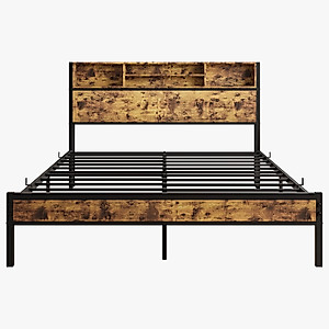 MegaChunk Queen Bed Frame with Storage Headboard, Metal Platform Bed with Charging Station, Bookcase Storage, No Box Spring Needed, Easy Assembly, Noise-Free, Black