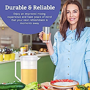 JBK Pottery - Mixing Pitcher for Drinks, Plastic Water Pitcher with Lid and Plunger with Angled Blades, Easy-Mix Juice Container, 2-Quart Capacity (White, One)