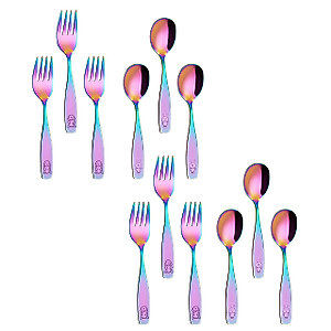 ANNOVA Kids Silverware Children's Safe Flatware Set Stainless Steel - Forks, Dinner Spoons, Toddler Utensils (Engraved Dog Bunny) (UV Rainbow,12 Pieces)