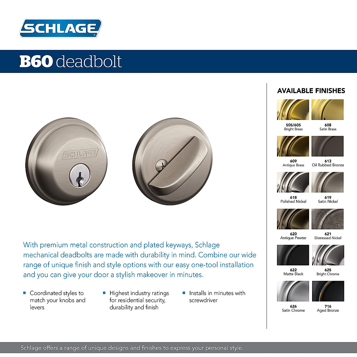 Schlage B60 N 619 Deadbolt, Keyed 1 Side, Highest Residential Security, Satin Nickel