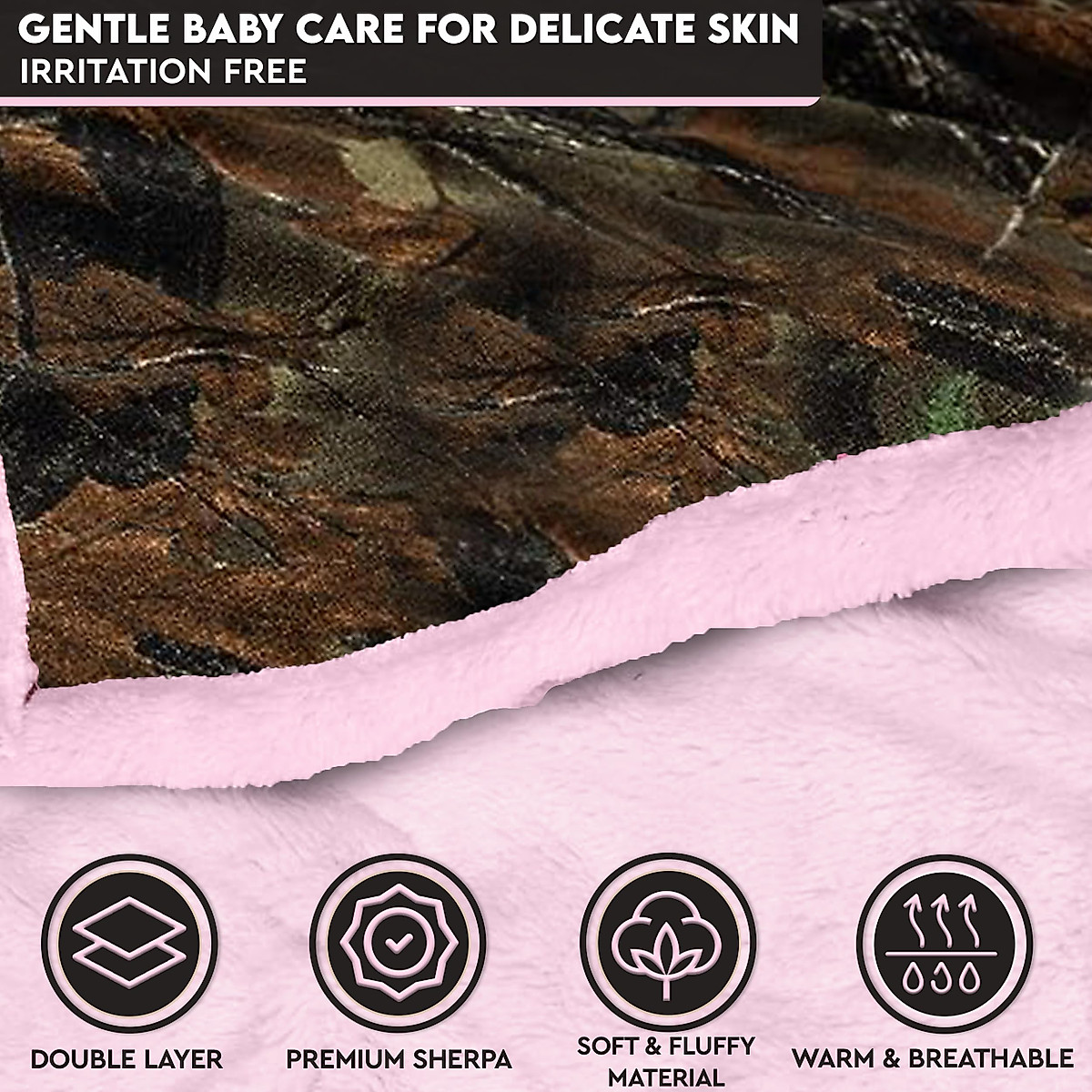 Baby Infant Camo Accent Soft Sherpa and Plushed Lined Coral Fleece Gift Blanket (Everest White)