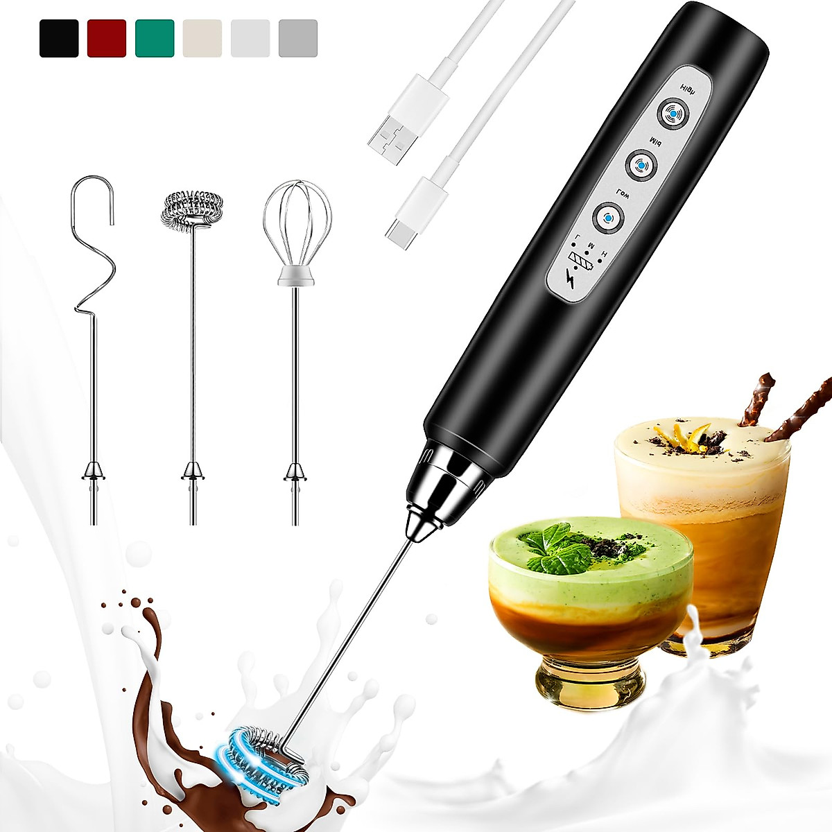 Colarlemo Milk Frother Handheld Rechargeable, Frother Wand Drink Mixer Electric Whisk for Coffee, Detachable With 3 Stainless Whisks, Hand Mixer for Lattes, Cappuccino, Matcha, Egg, No Stand, Black