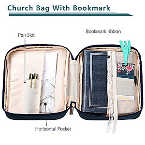 Bible Cover, Carrying Book Case Church Bag Bible Protective with Handle and Front Pocket, Perfect Gift for Mother Kids Girls Women 10"x7.5"x2.4"(Navy Floral)