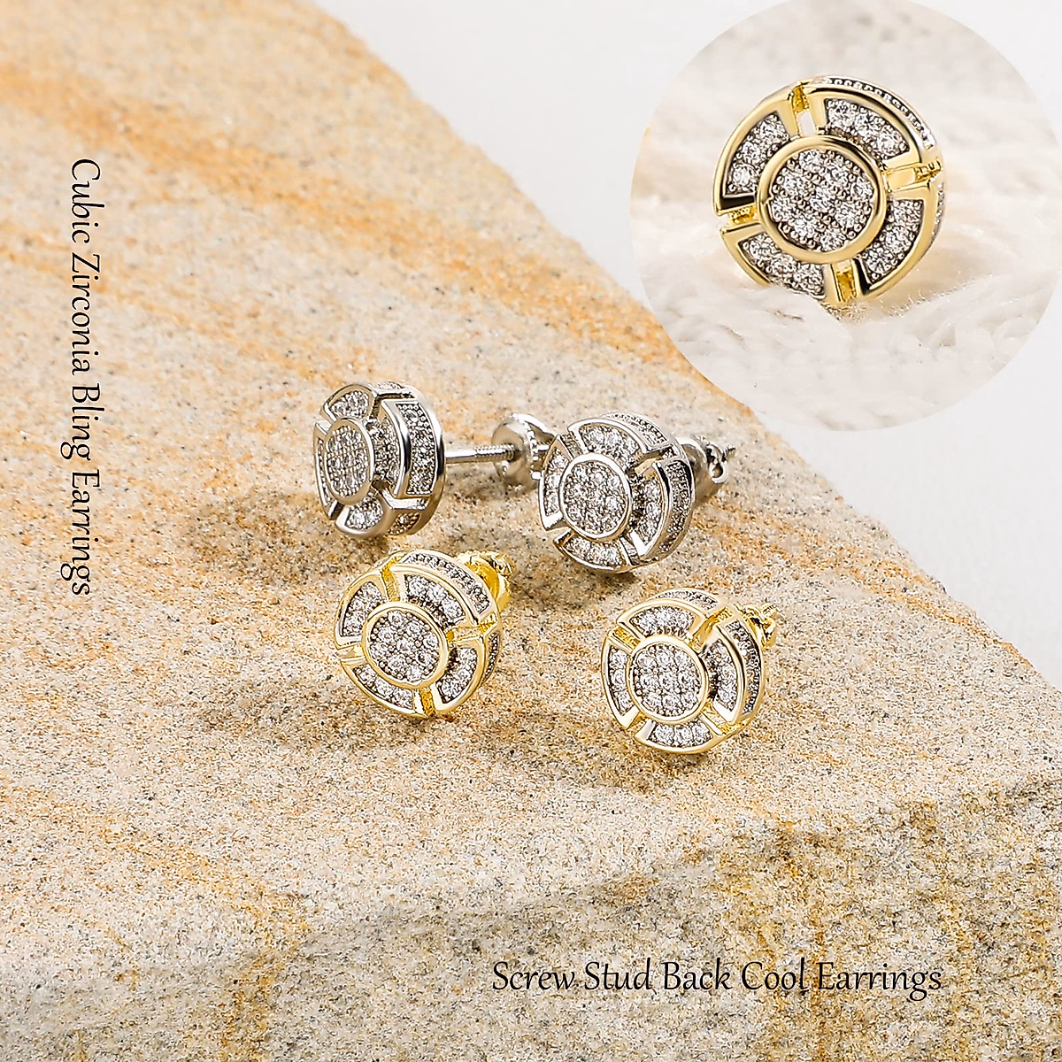 TOPGRILLZ Screw Back Earrings 14K Gold Plated 5A+ Cubic Zirconia Cluster Round Screw On Stud Earrings For Men Women Aretes De Hombre-Small Gold Plated