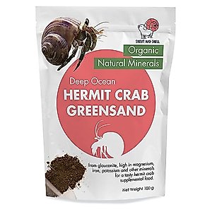 Snout and shell Organic Pet Hermit Crab Greensand Food Supplement - High Magnesium Iron Potassium Deep Ocean Natural Minerals - 100g 100 g, Green/Brown