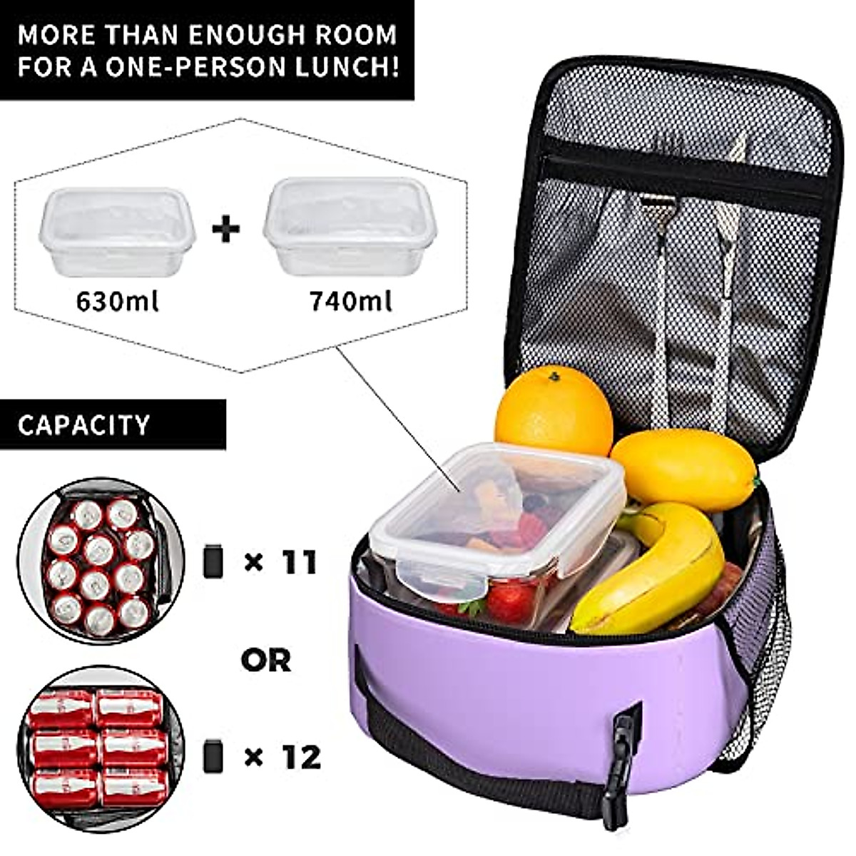 TEIKKIOP Lavender Purple Lunch Bag for School Office Washable Thermal Picnic Box for Kids Girls Women Adults Reusable Insulated Cooler Meal Pail