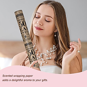 RUSPEPA Scented Kraft Wrapping Paper Roll - Mini Roll - Black 50 Years Design with Fragrance Great for Birthday, Party, Holiday - 17 inches x 16.4 feet - 50th Birthday