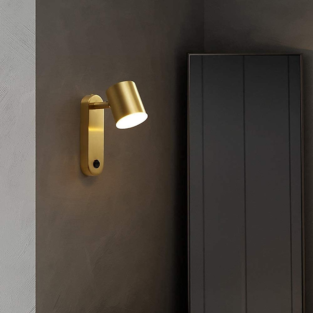 Cordless Wall Sconce Nordic Mini Wall Lamp Brushed Gold Finish Brass Bracket with Pressure Sensor Switch LED Wall Light 7W Dimmable Decorative Fixture Adjustable Head Sconce for Bedroom Bedside Lighti