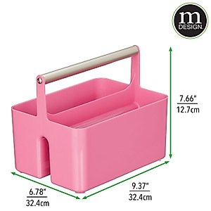 mDesign Plastic Shower Caddy Storage Organizer Utility Tote, Divided Basket Bin - Metal Handle for Bathroom, Dorm, Kitchen, Holds Soap, Shampoo, Conditioner - Aura Collection - Rose Pink/Satin
