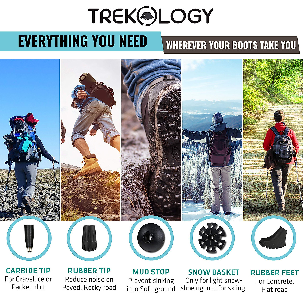 TREKOLOGY 2 pc Trekking Hiking Poles / 6 pc Replacement Rubber Tips-Collapsible Trekking Poles Nordic Hiking Pole Cork Grip. Lightweight Aluminum 7075,Adjustable Quick Flip-Lock, Folding Walking Stick