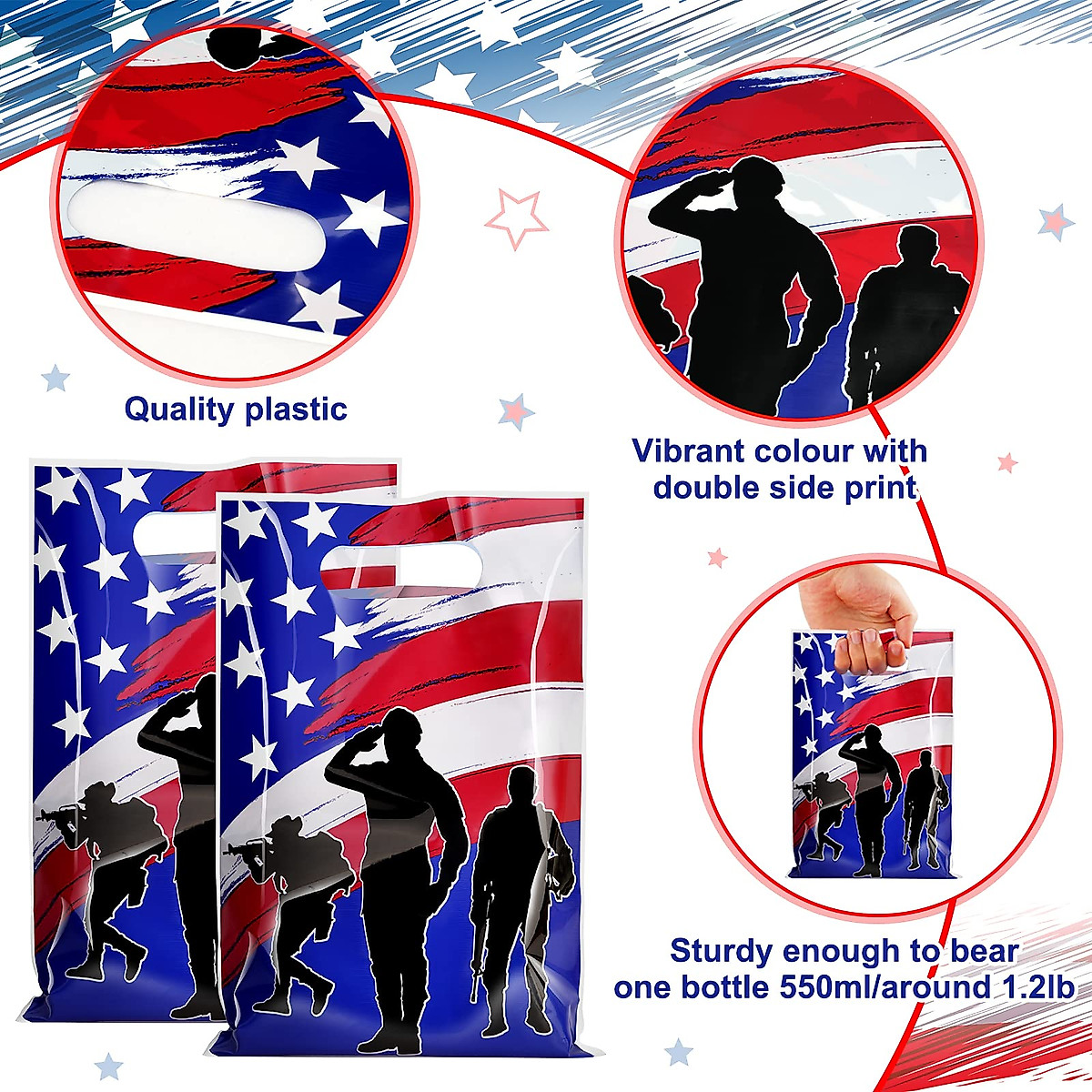 MASHAN 50pcs Veterans Day Gift Bags, Plastic Goodies Treat Bags with American Flag Patriotic Soldier for Independence Day Veterans Day and Army Party Decorations