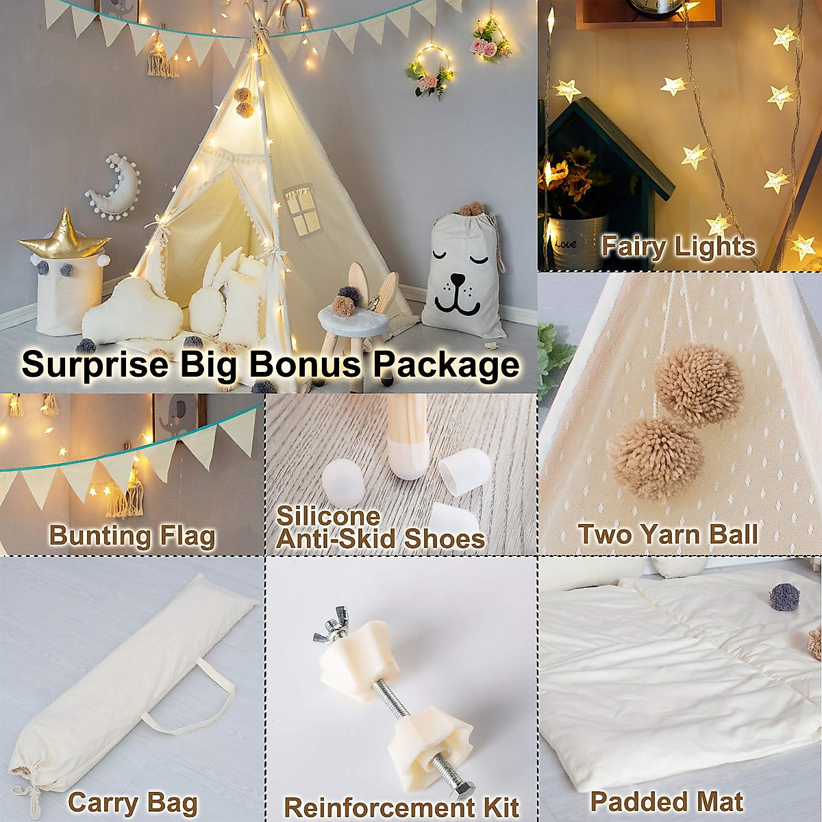 TreeBud Kids Teepee Tent with Padded Mat, Banner, Fairy Lights, Yarn Ball, Carry Bag, Beige Cotton Canvas Play Tent for Child with Tassels Lace, Play House Tipi for Kids Room Decor