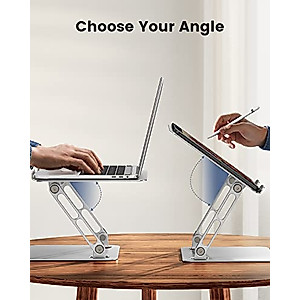 HUANUO Adjustable Laptop Stand, Aluminum Laptop Riser, Ergonomic Laptop Stand for Desk, Notebook Computer Stand Holder Compatible with 10-17” Laptops, Silver, HNLS07S