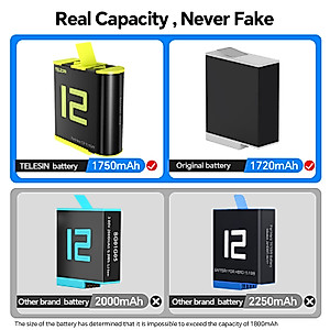 Battery Charger for GoPro Hero 12 Hero 11 Hero 10 Hero 9, TELESIN 3-Pack Batteries + Triple USB Charge Case with SD Card Slot Fully Compatible with Original Go Pro 12 11 10 9 Black Camera Accessories
