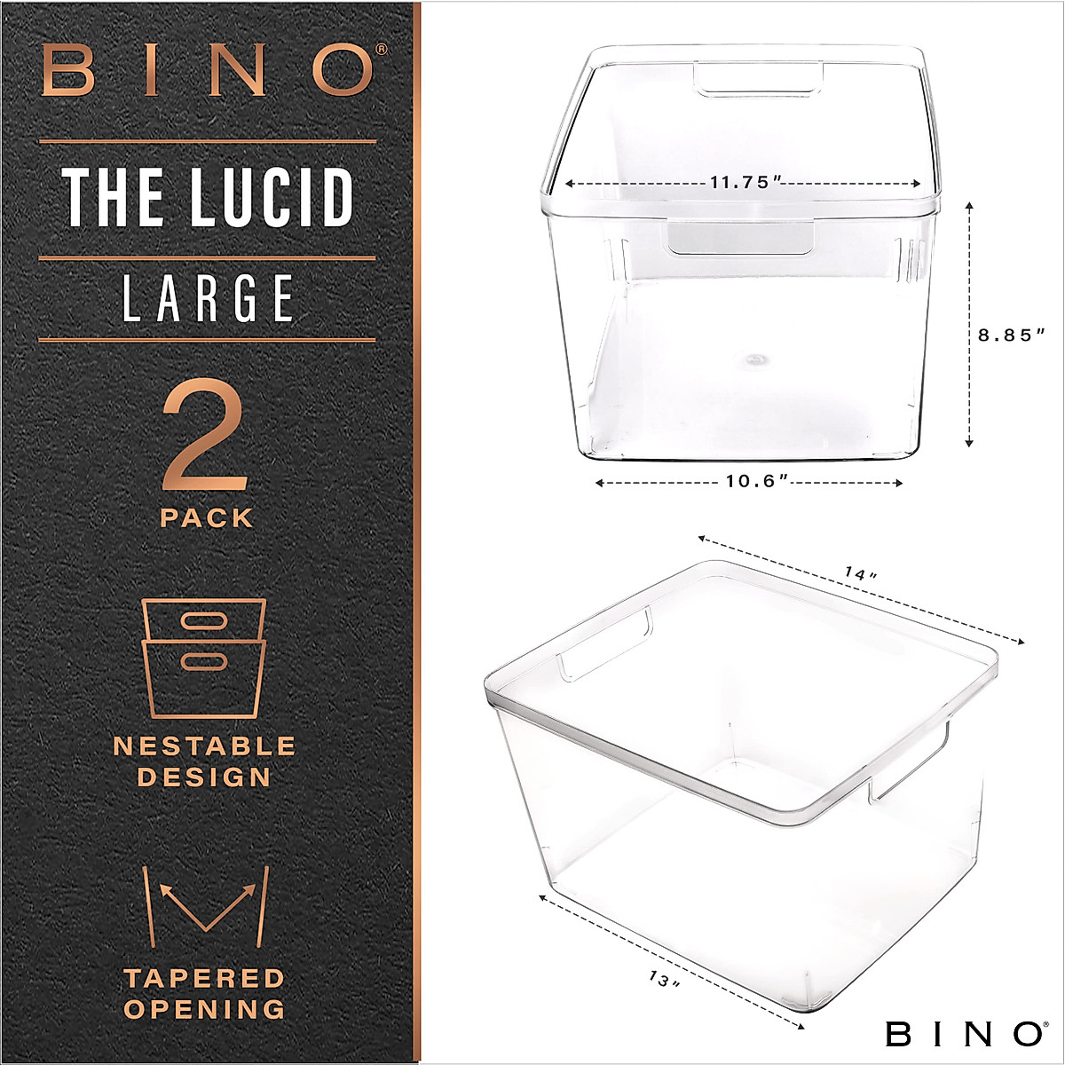 BINO | Plastic Bins, Large - 2 Pack | THE LUCID COLLECTION | Multi-Use| Built-In Handles | BPA-Free | Clear Storage Containers | Fridge Organizer | Pantry & Home Organization