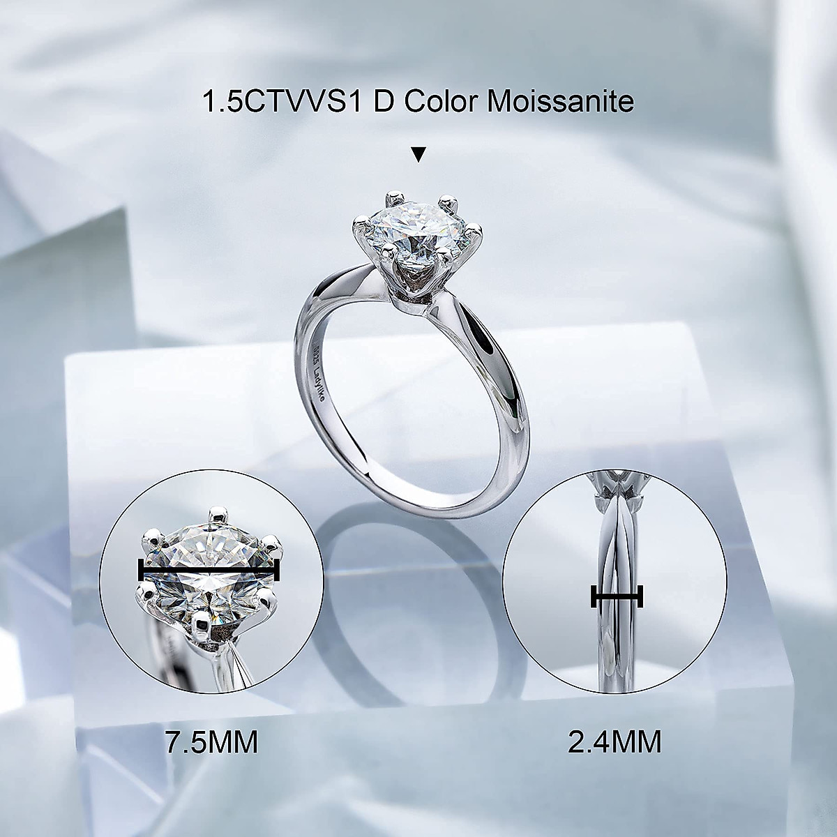 Ladylike Moissanite Solitaire Engagement Rings for Women 1.5 CT and Moissanite Wedding Band 0.7 CT (szie 8)