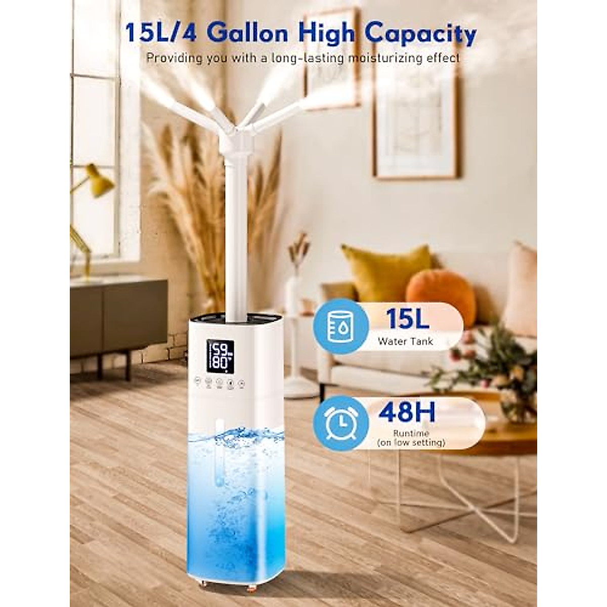 Honovos Humidifiers for Bedroom, 15L Wholehouse Humidifier for 2000 sq. ft, 600ml/h Cool Mist Humidifier for Large Room With Essential Oil Tray, Top Fill Floor Humidifier for Baby Yoga Plants