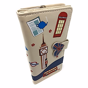Shag Wear Streets of London England Large Wallet for Women Vegan Faux Leather 7" Beige