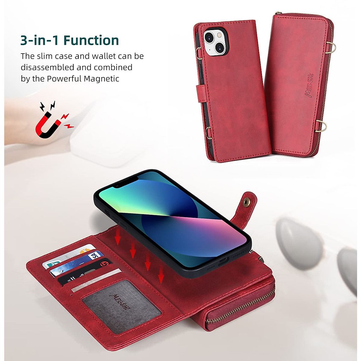 Misscase Compatible with iPhone 13 Wallet Case 2021,Multi-Function Wallet Case,2 in 1 Detachable Magnetic Wallet Case with Card Holder,PU Leather Flip Cover with Lanyard,13 Card Slots Red