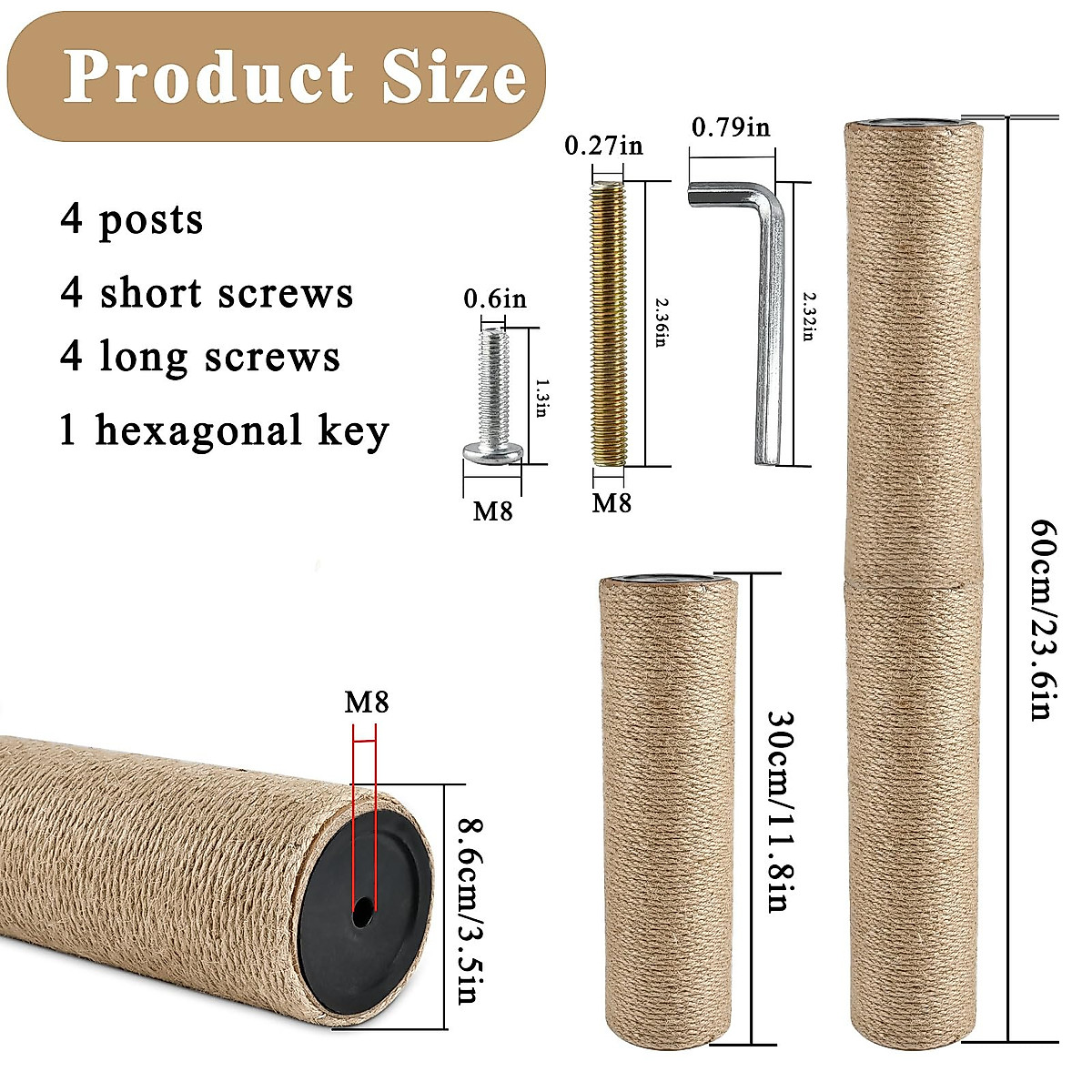 Lainballow 4 Pcs Cat Scratching Post Replacement, Natural Jute Pole Cat Tree Replacement Parts, Cat Scratch Pole with 8 M8 Screws and 1 Wrench for Indoor Kittens Tower (11.8 x 3.3 in)