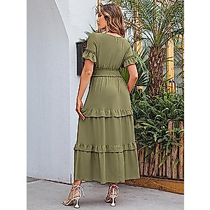 Amegoya Women's Summer Boho Tiered Maxi Dress V Neck Smocked Hight Waist Long Flowy Dress (Army Green S)