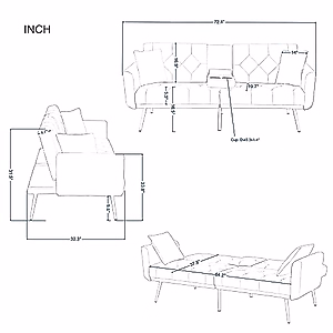 Eafurn Convertible Futon Sofa Bed with 2 Cup Holders, Modern Velvet Split-Back Folding Loveseat Sleeper Couches w/Adjustable Tufted Backrest,Square Armrest Sofabed, Dark Green 72.4" with 2 Pillows
